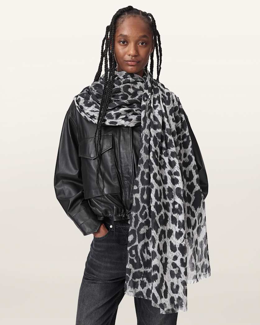Leia Leopard Print Cotton Scarf Light Grey | ALLSAINTS FR